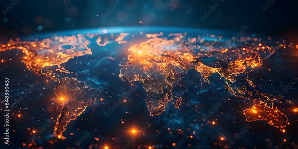 World map with glowing lights showcasing population density and human ...