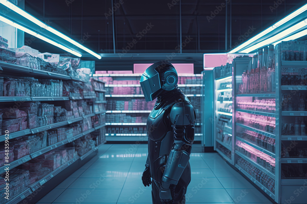 Robot ordering fresh fruits and vegetables in a synthwave styled supermarket with neon lights ...