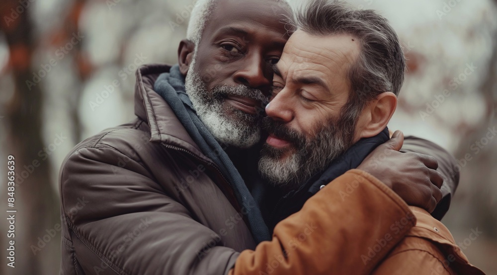 Two middle-aged men hugging. Interracial gay couple in love. Candid ...