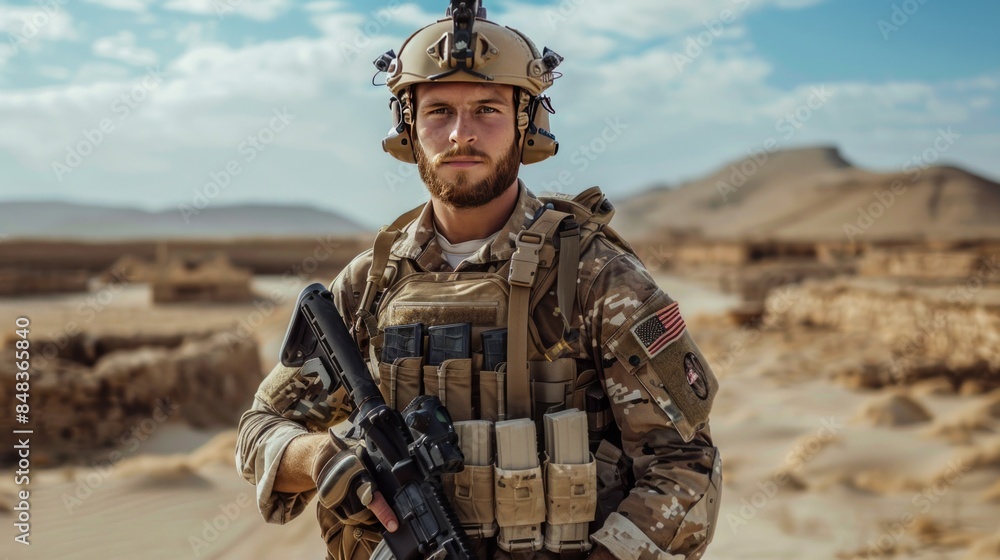 Commando soldier in desert uniform holding his rifle, Stock Photo ...