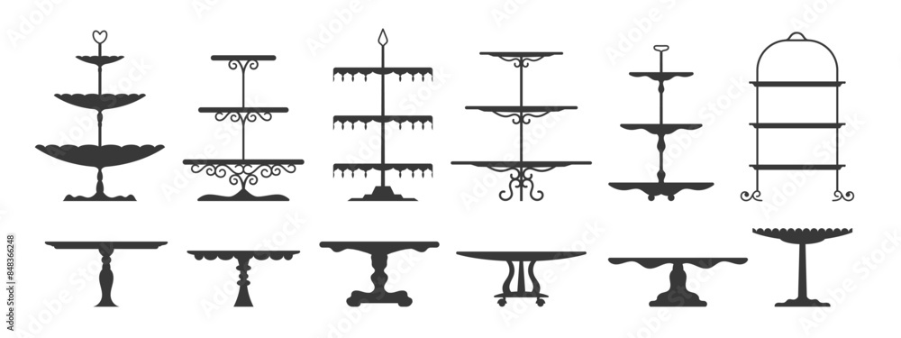 Wedding tea cake platter, isolated stand tray silhouettes. Vector retro ...