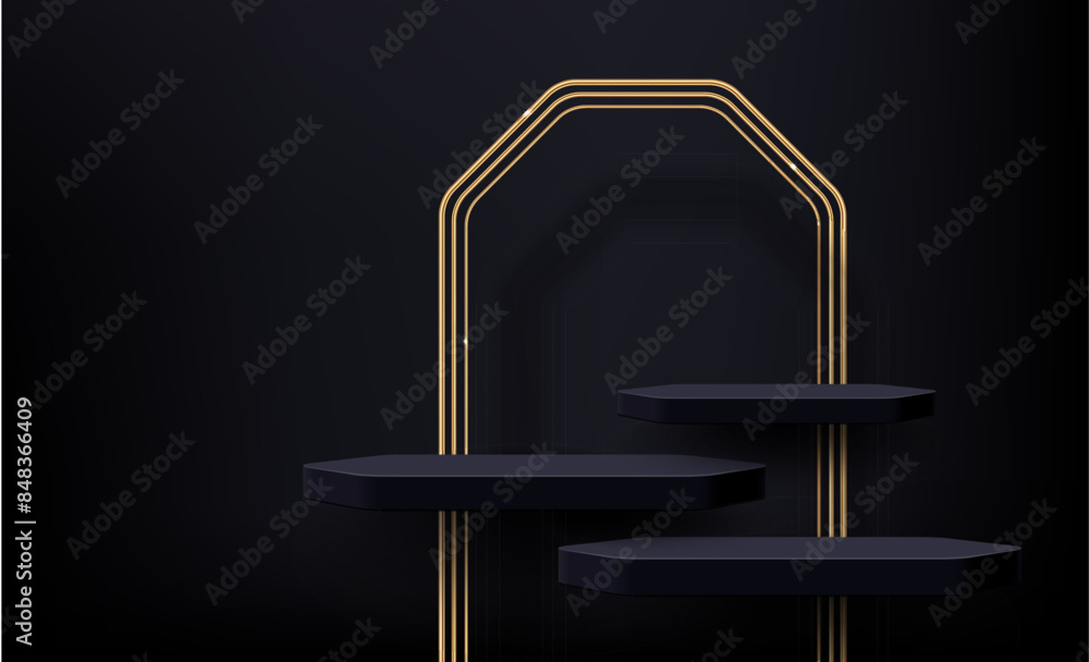 Black podium product stage with golden arch. Vector modern, tiered ...