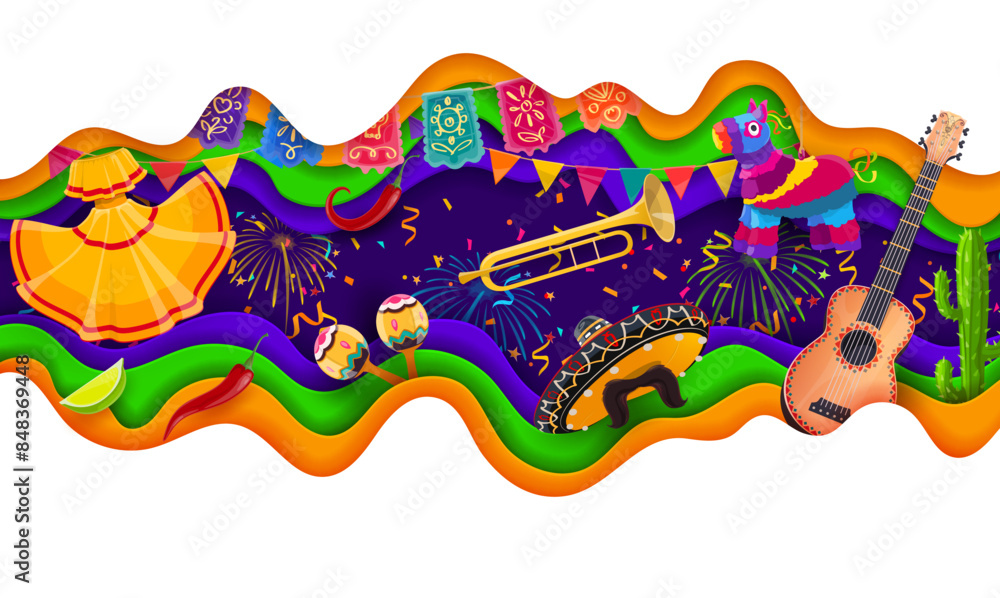 Hispanic and Mexican holiday paper cut banner with sombrero and pinata ...