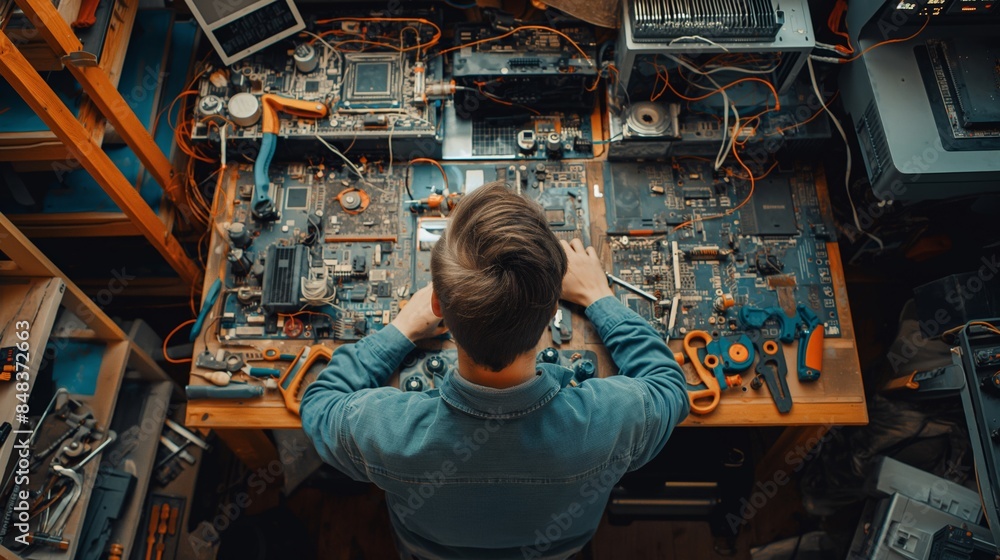 An overhead view of a dedicated engineer working on complex circuitry ...