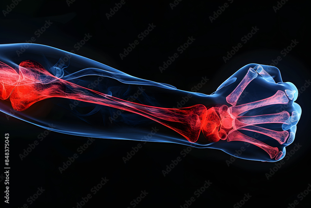 Detailed X-ray of male human elbow, focusing on the elbow joint with ...