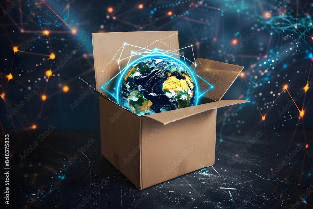 Cardboard box with digital globe and network connections, symbolizing ...