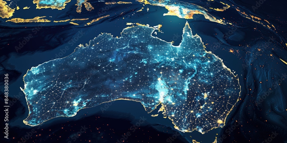 Satellite view of Earth at night showing illuminated cities in ...