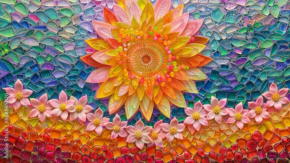 Vibrant colorful digital art representing blooming flowers with ...