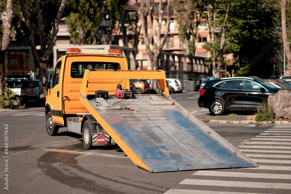 Evacuation Tow Truck Vehicle With Lowered Flatbed Ramp In Action ...