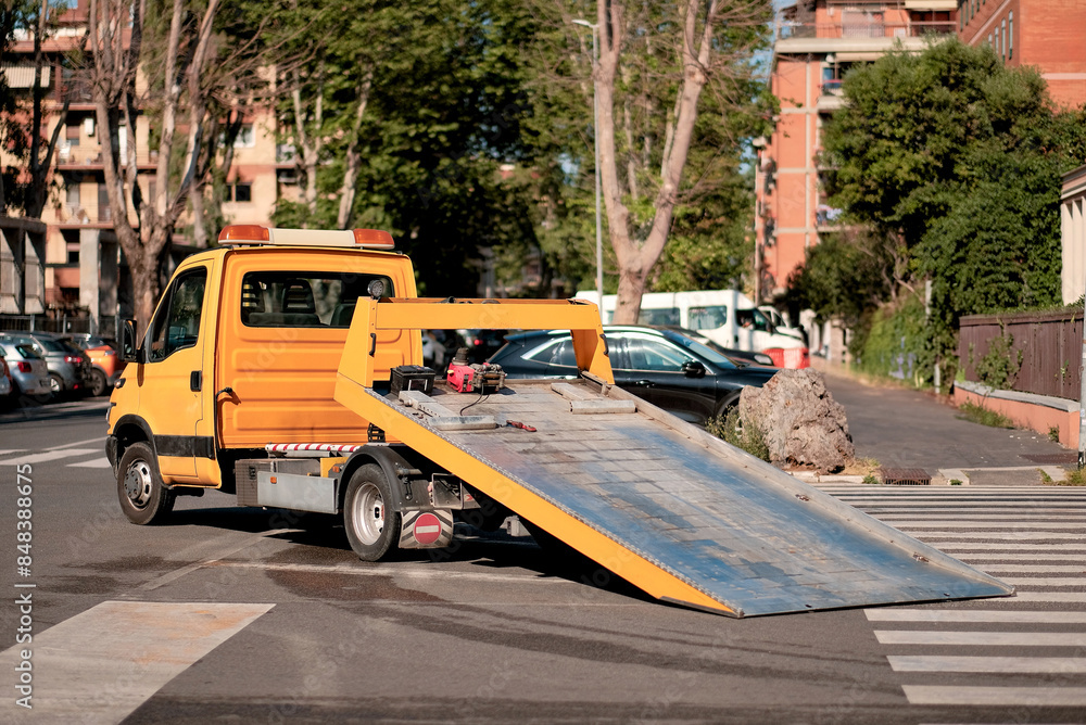 Evacuation Tow Truck Vehicle With Lowered Flatbed Ramp In Action ...