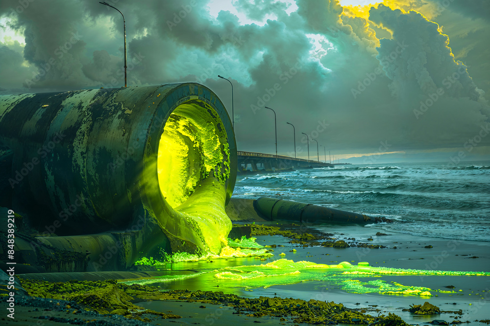 Pipe dumping radioactive nuclear waste into ocean, green glow Stock ...