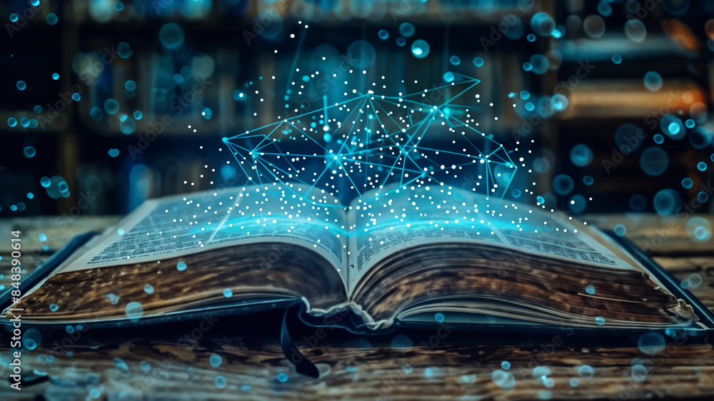 futuristic e-reader device displaying an open digital book with ...