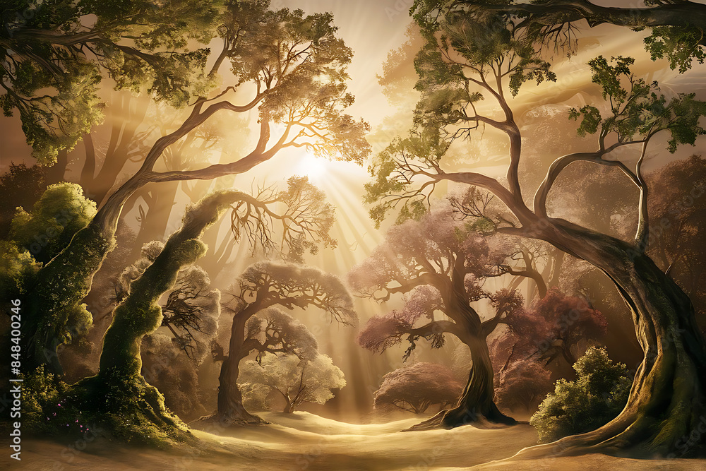 beautiful magical forest fabulous trees forest landscape sun rays ...