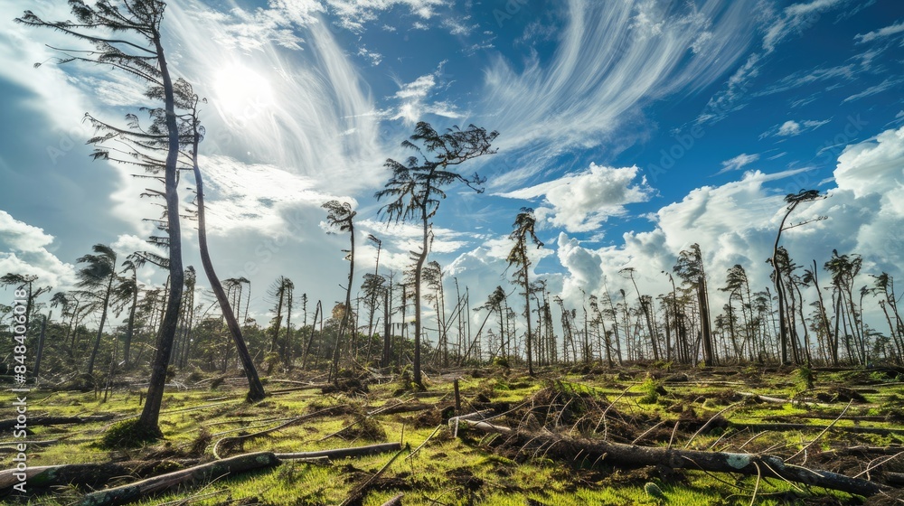 Damaged trees windbreaks windswept post storm landscape cyclone impact ...