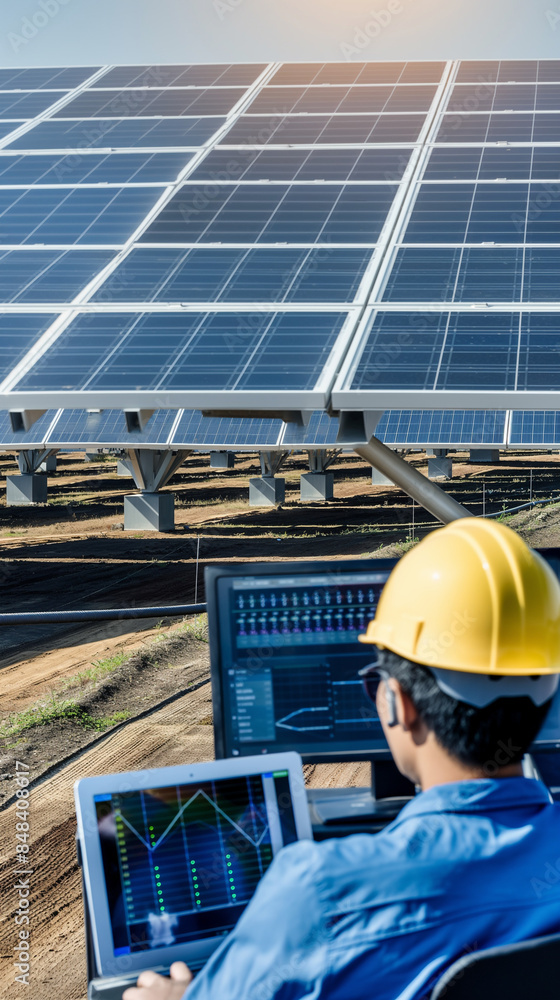 Engineer monitoring solar panel systems, representing sustainable ...