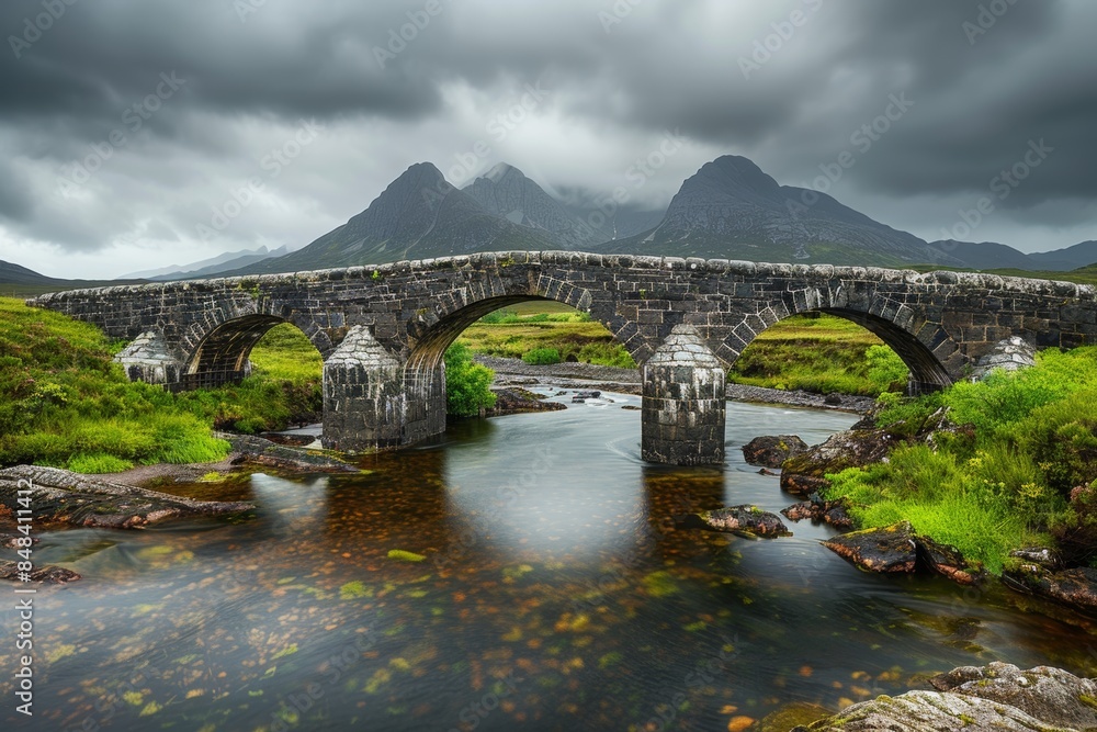 Beautiful stone bridge at Sligachan on Skye island in Scotland, with ...