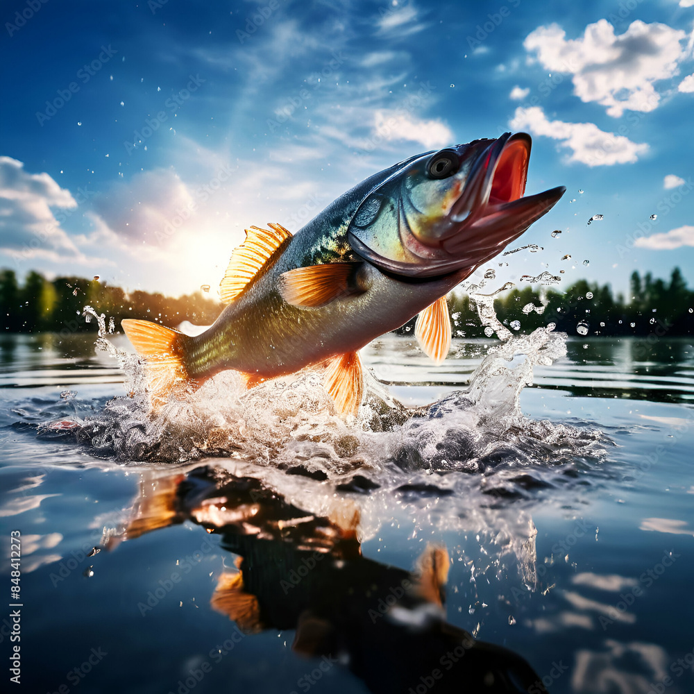 Close up of Fish jumping over the surface water in lake with splashing ...