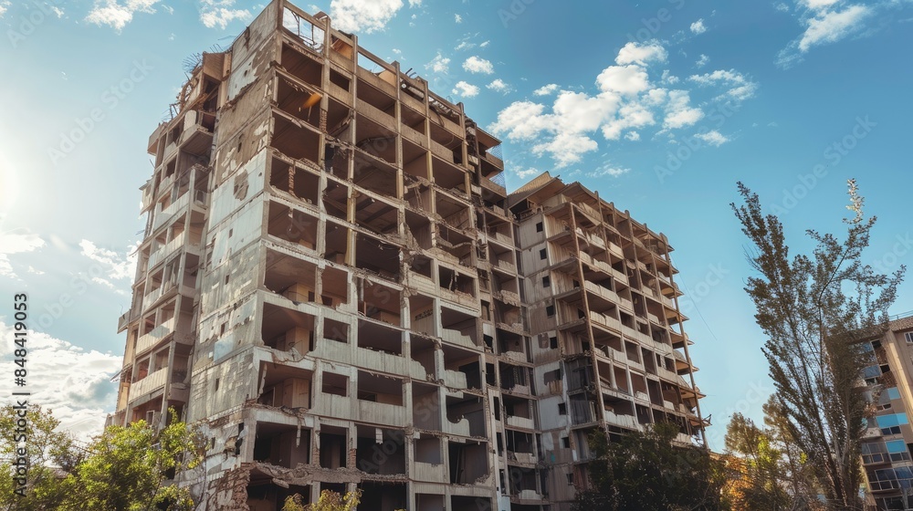 The photo shows the aftermath of a natural disaster. A large apartment ...