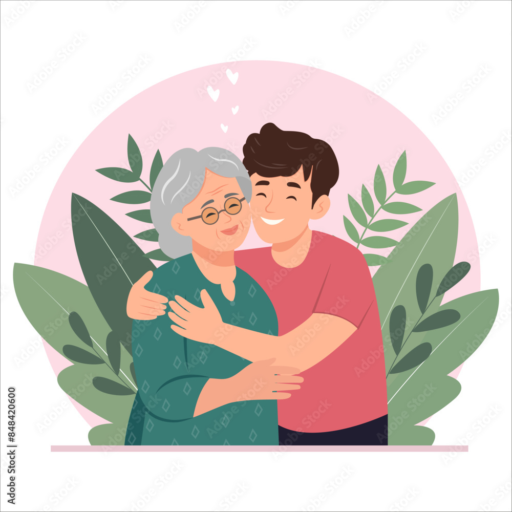 Mother's Day. Happy young man hugging her old mother with love. Mother ... Mother's Day. Happy young man hugging her old mother with love. Mother ...