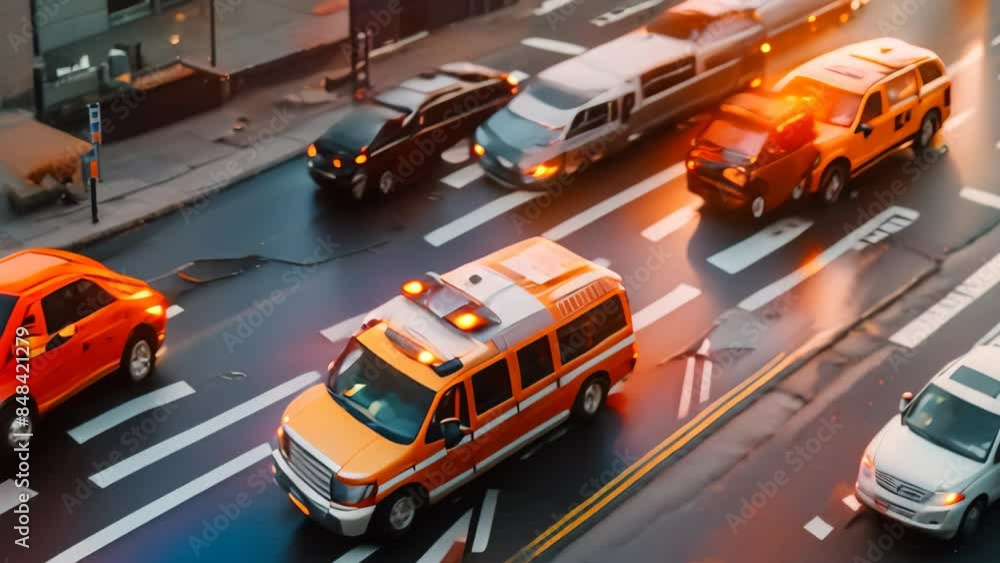 A group of cars are parked on a busy street, with an ambulance weaving ...