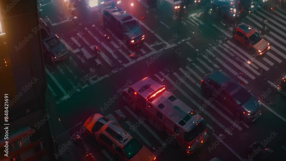 An aerial view of a city street crowded with cars and a speeding ...