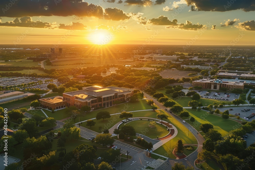 An aerial photograph captures the beauty of a college campus at sunset ...