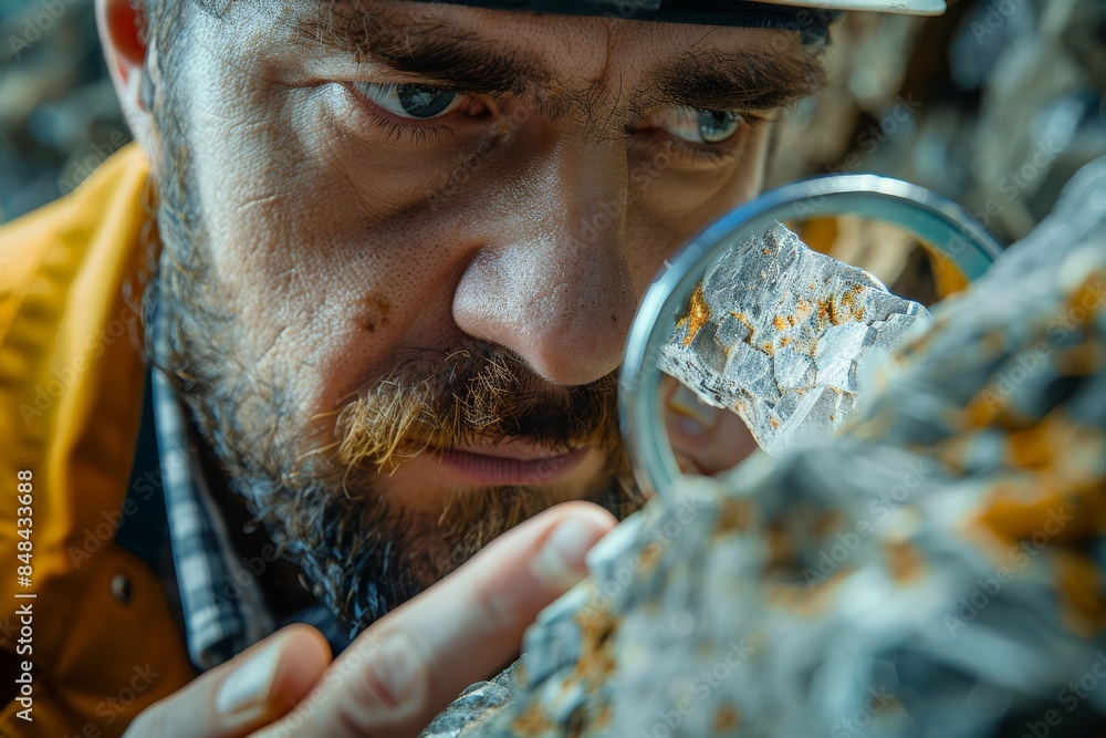 Featuring a close-up shot of a geologist examining a specimen of rare ...