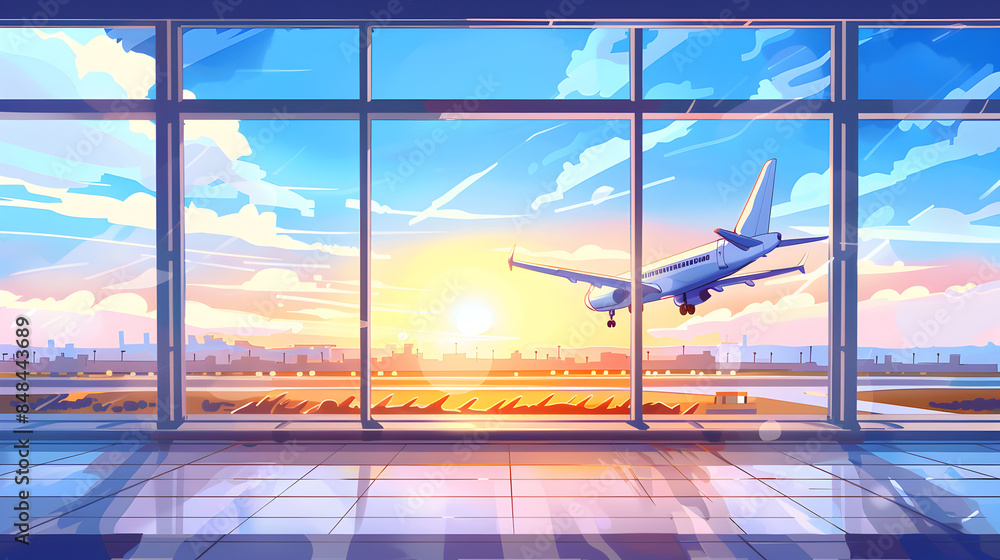 A plane is in the airport and the window is open. Airport Scene ...