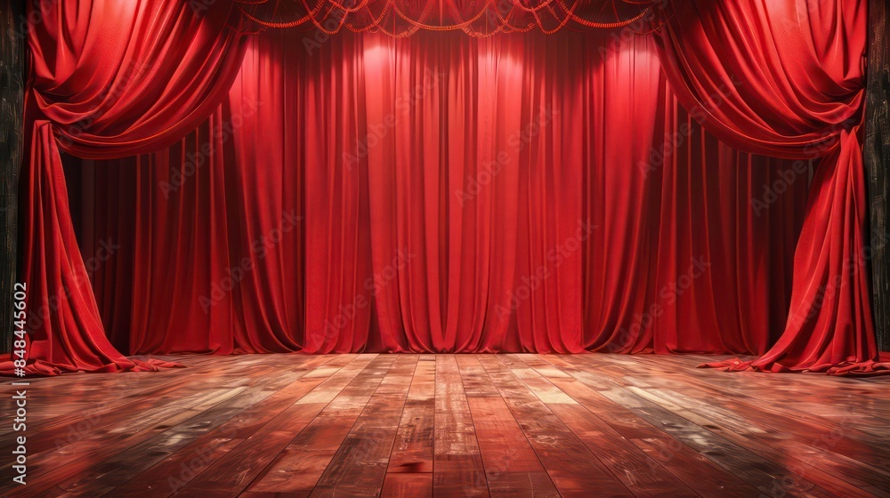 Foto de Red stage curtain and wooden floor realistic modern. Theatre ...