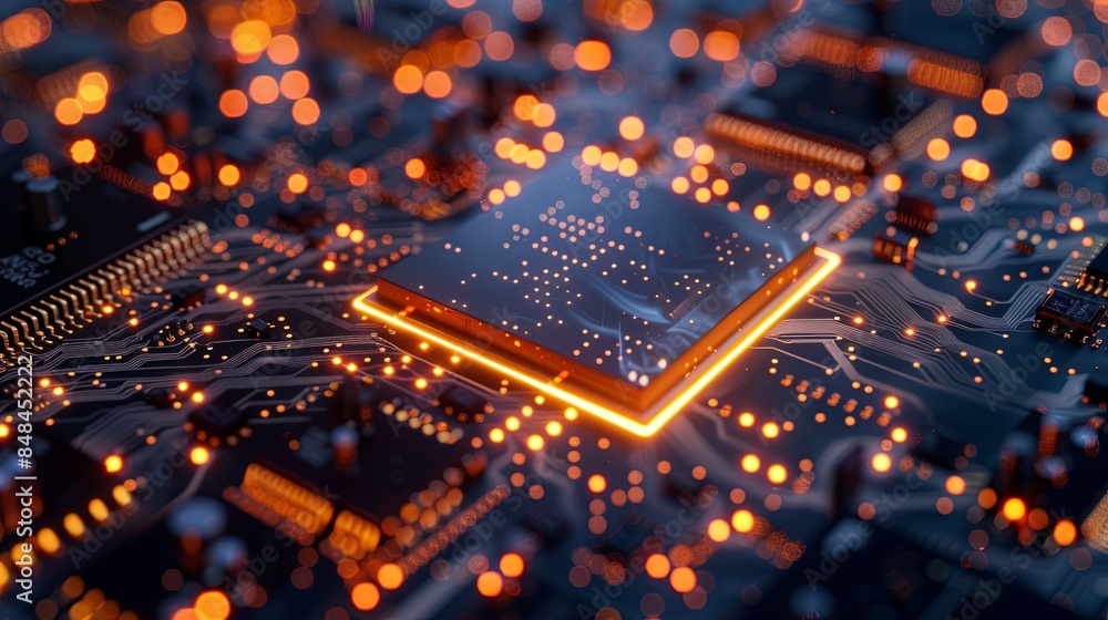 An advanced microprocessor on a motherboard, surrounded by digital data ...