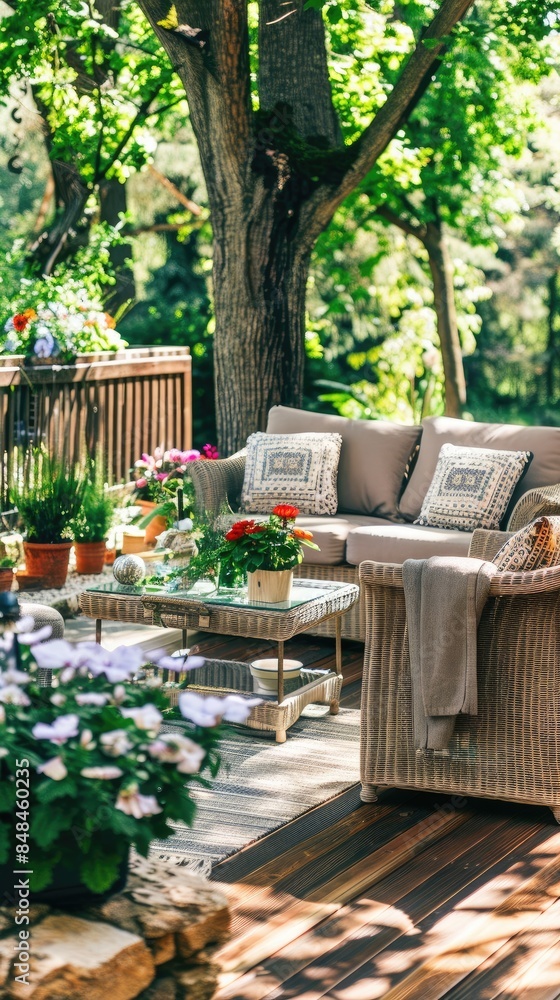 a modern outdoor terrace featuring white rattan chairs and a glass ...