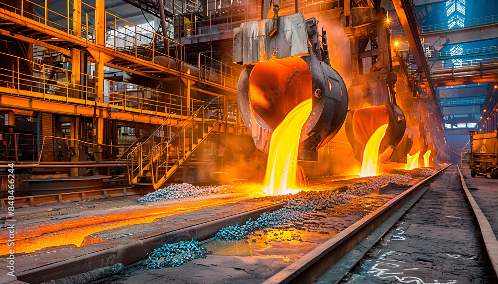 bustling steel factory where molten steel is being poured into molds ...