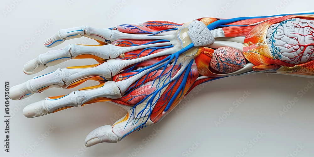 Detailed anatomical section of a human hand in a bright scientific ...