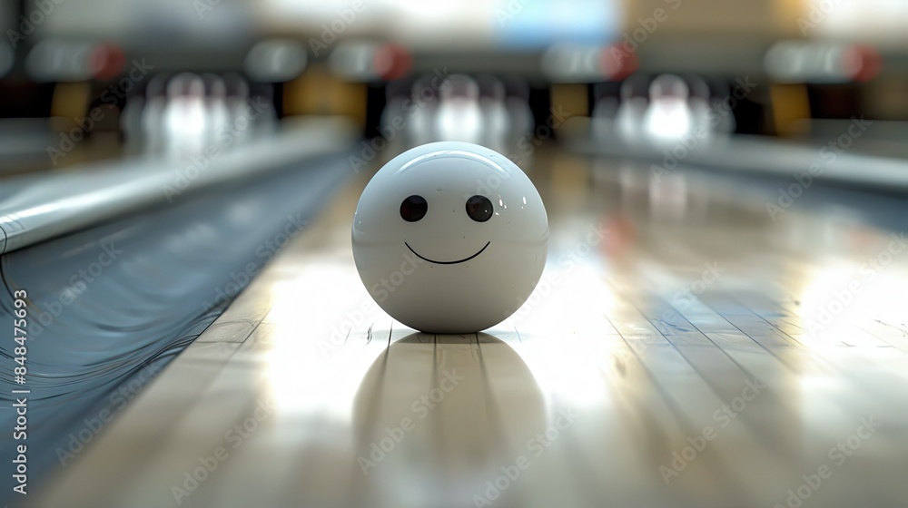 A white round ball with black eyes and a mouth stands on the floor of a ...