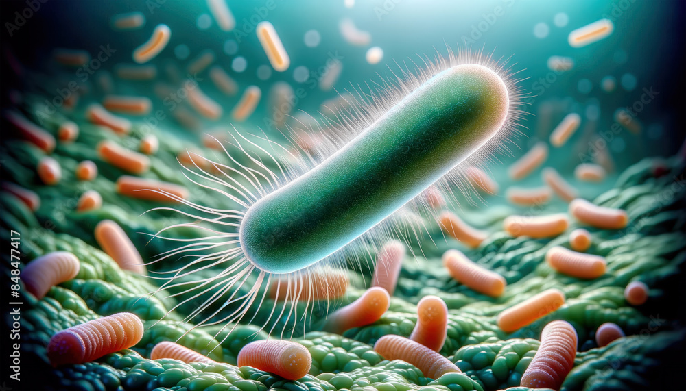 Listeria monocytogenes with flagella floating through a complex ...