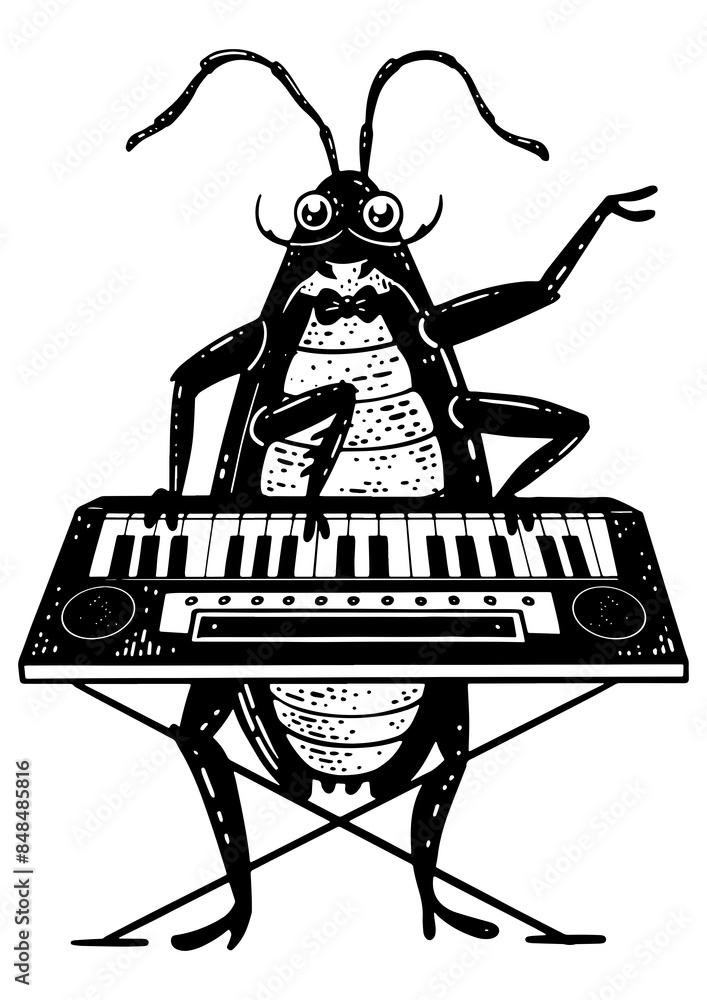 Cartoon cockroach orchestra playing the Synthesizer piano sketch ...