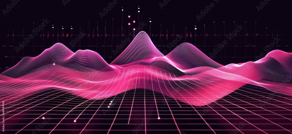 Abstract background with sound waves and grid pattern made up of pink ...