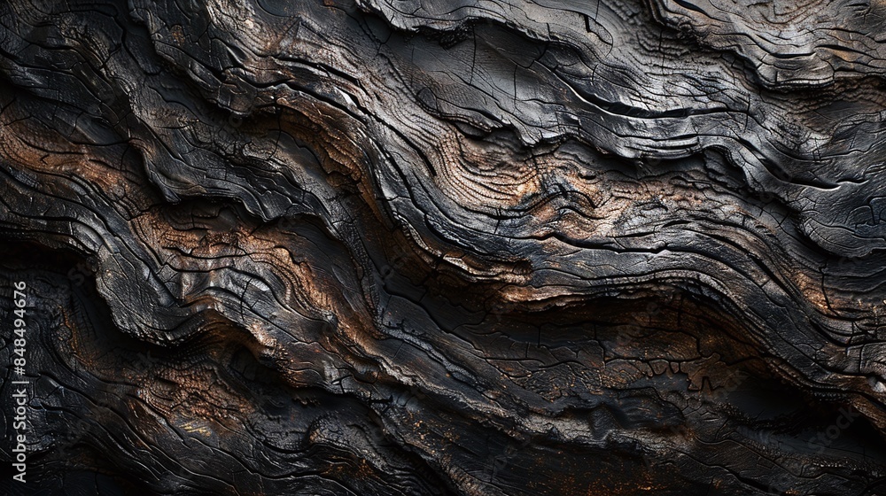 Weathered charred wood with wavy texture, rich grain, rustic timber ...