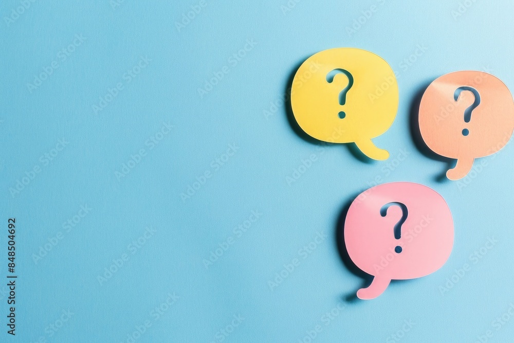 Three speech bubbles with question marks on a pastel blue background, presented flat. Space for ...