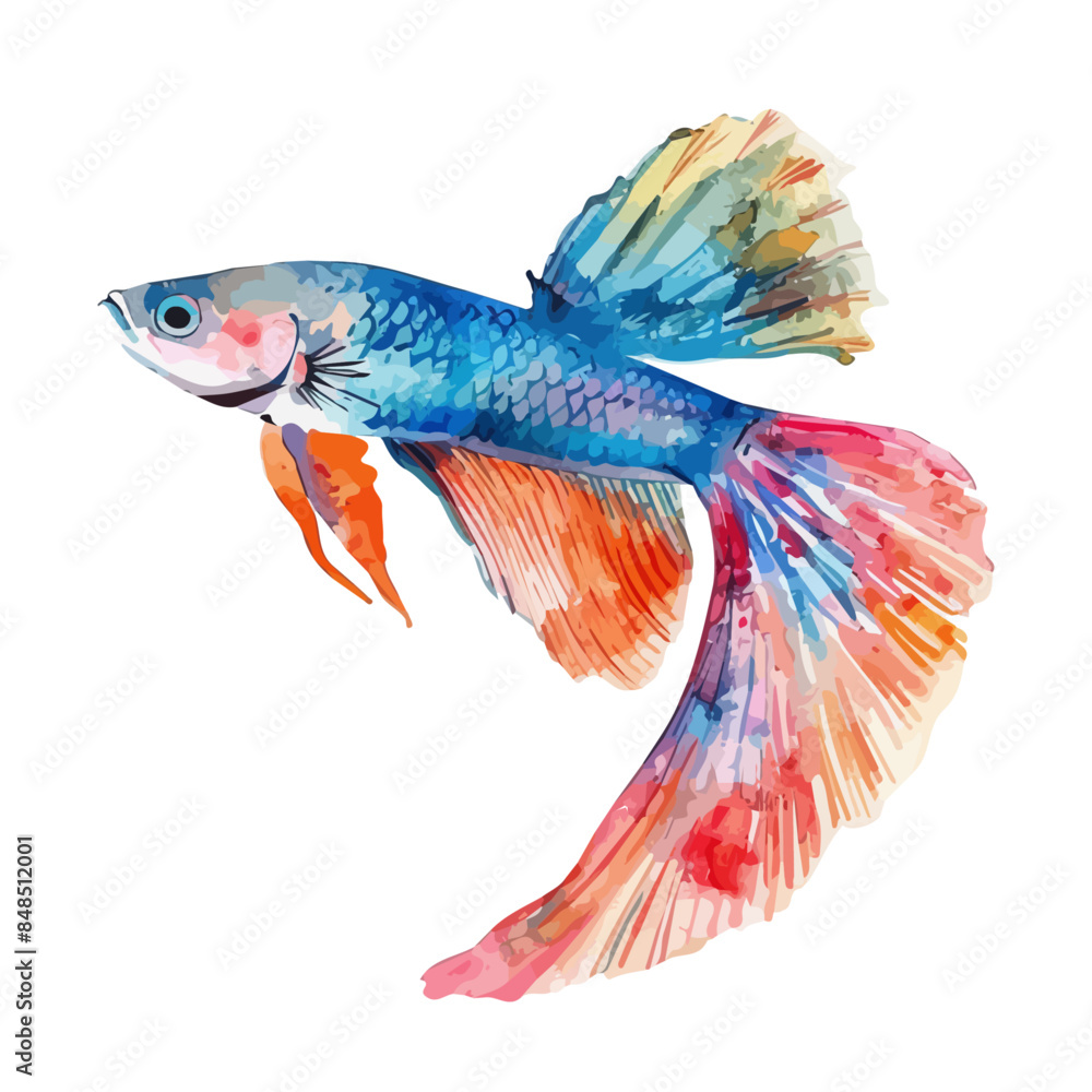 Watercolor Vector painting of a guppy fish, isolated on a white ...