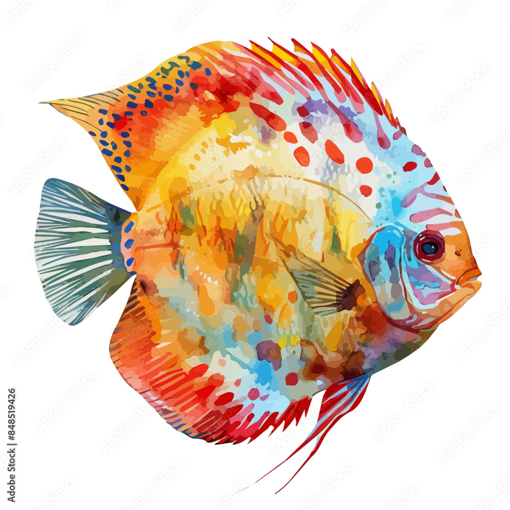 Watercolor drawing clipart of a discus fish, isolated on a white ...