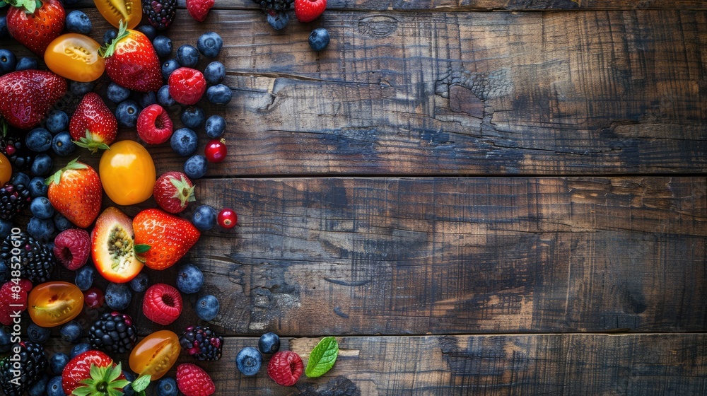 Various types of berries are displayed on the table, showcasing the ...