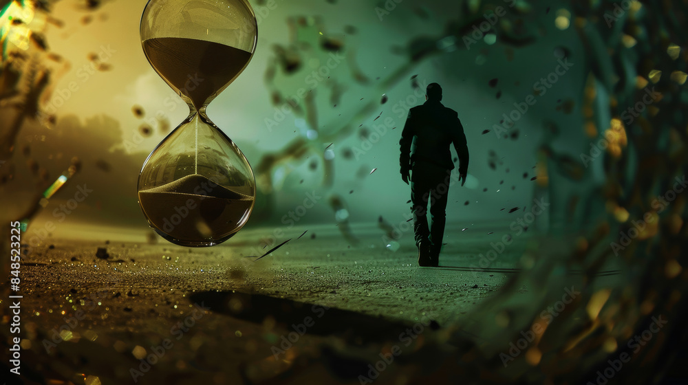 Hourglass Shattering Time with Silhouette of Man Walking Forward Stock ...