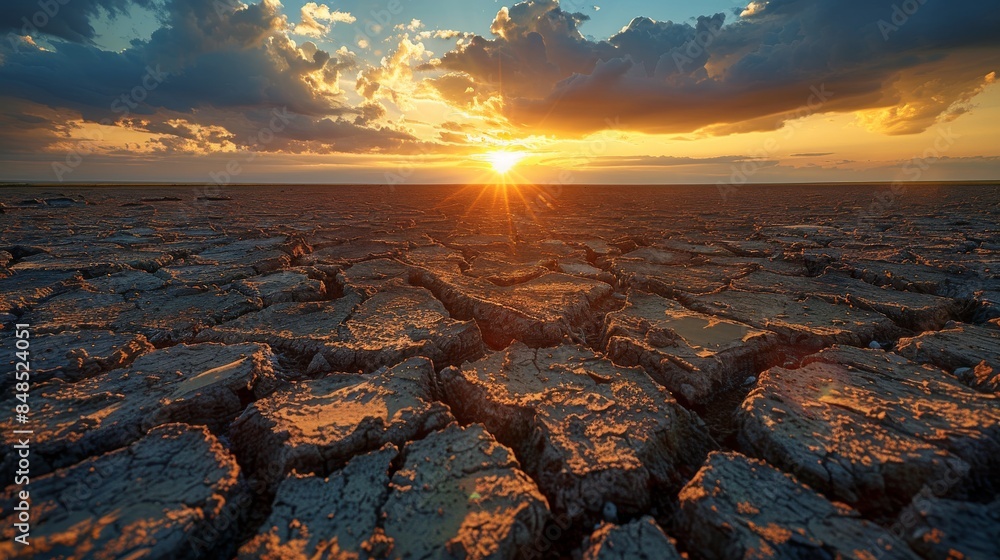 A breathtaking view of the sun setting over a dry, cracked desert ...