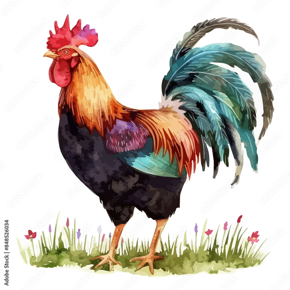 Watercolor painting of a Rooster, isolated on a white background ...