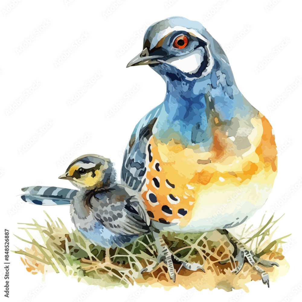 Watercolor vector of a quail with quail chick, isolated on a white ...