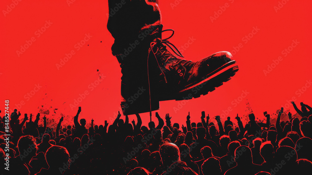 Dominance and Oppression: giant boot crushing silhouetted crowd against ...