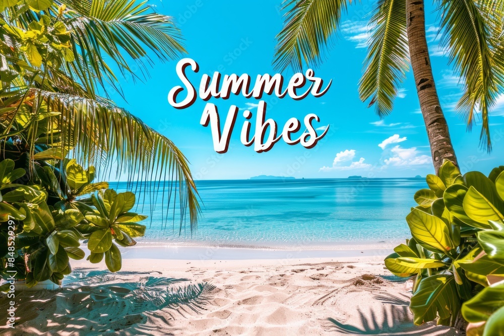 Bright and colorful poster featuring tropical beach with lush greenery ...