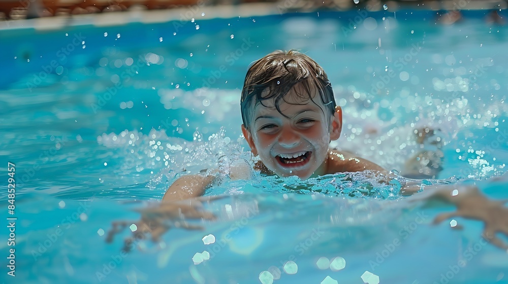 Excited child swimming Little kid playing in blue water of swimming ...