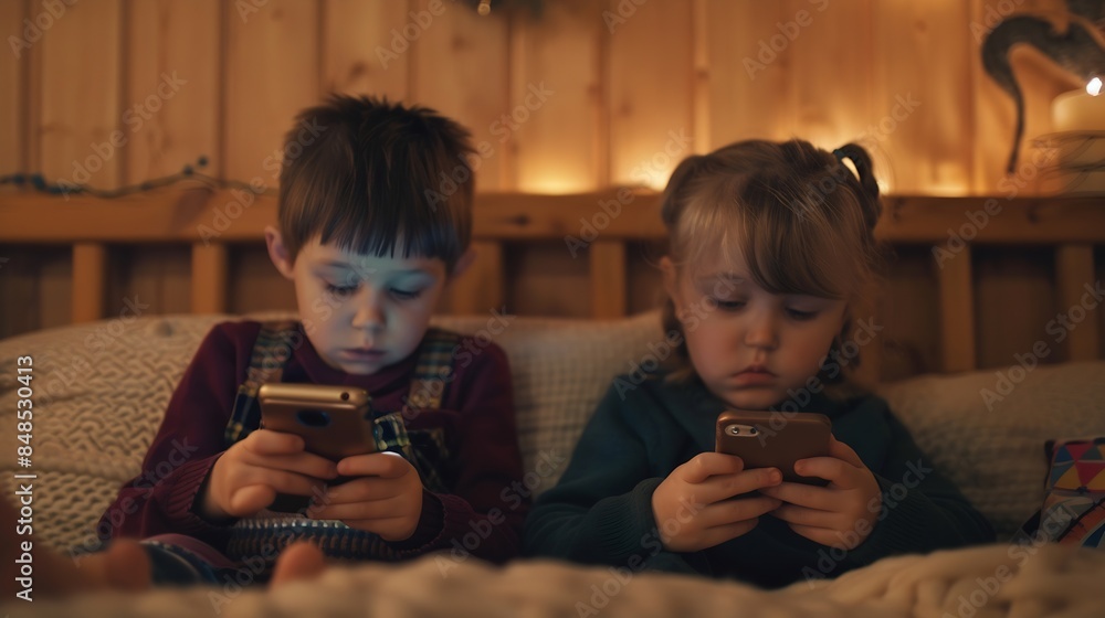 Two children alone with phone at home Gadget addiction Mobile addict ...